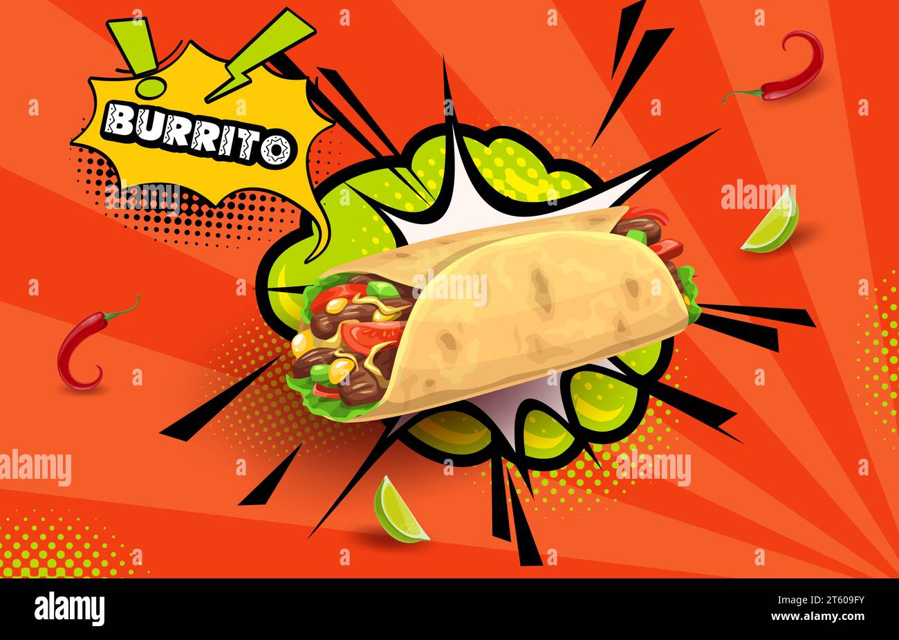 Retro comic halftone bubble with tex mex mexican burrito, vector food ...