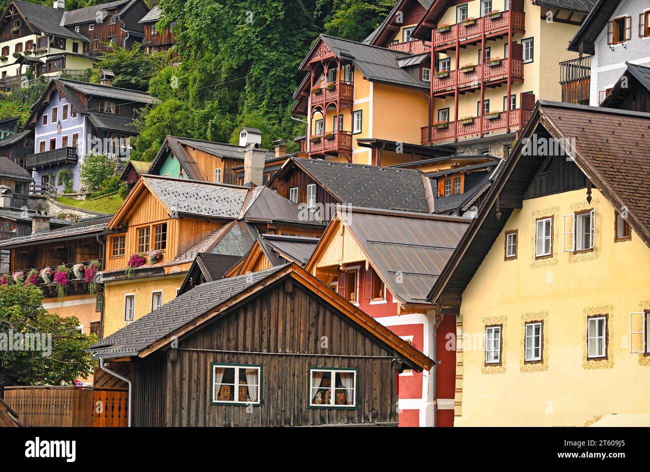 Old and colorful houses in Hallstatt village Austria Stock Photo - Alamy