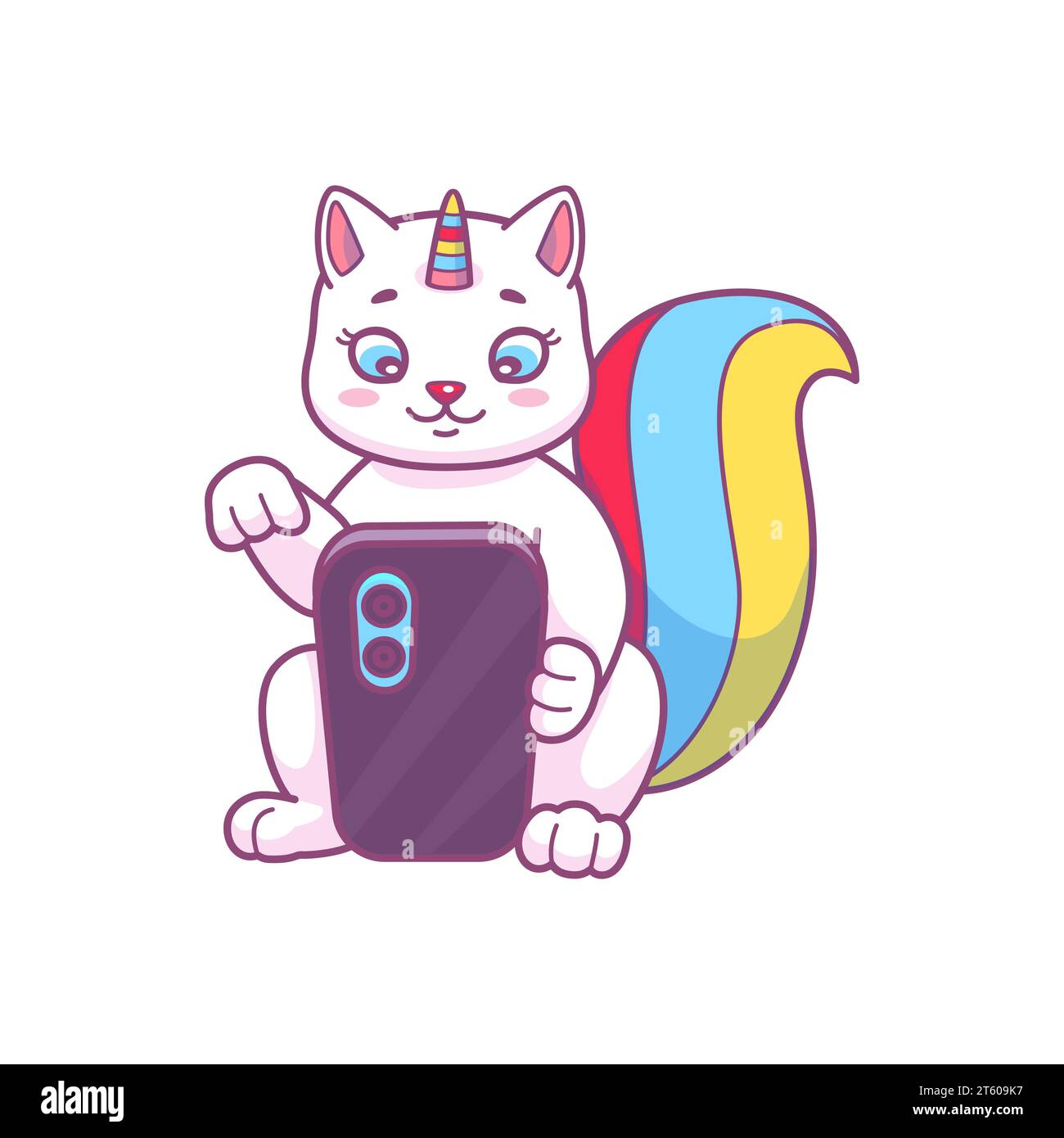 Cute caticorn funny kitten character with smartphone, cat with rainbow ...