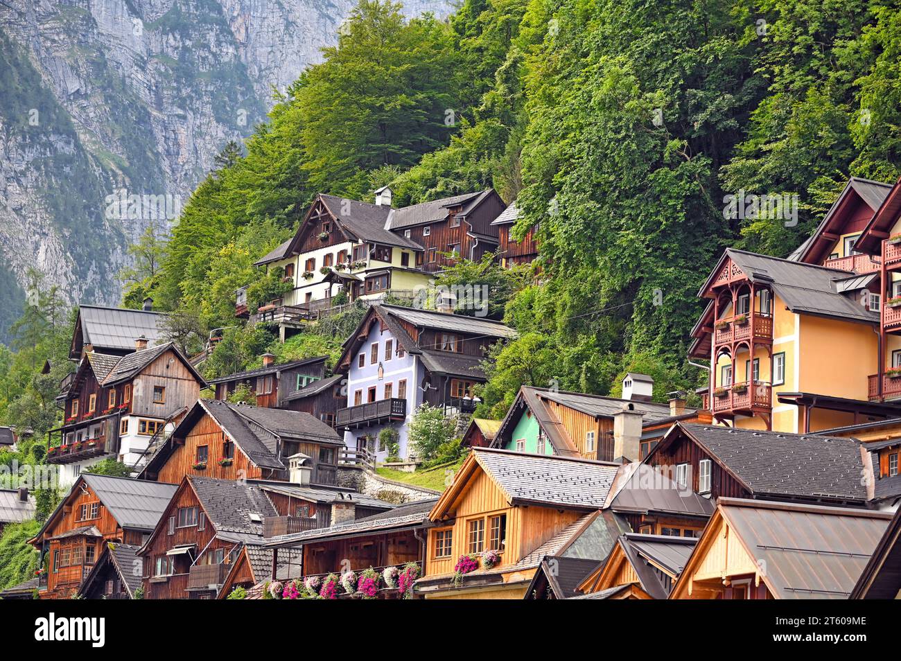 Beautiful old and colorful houses in Hallstatt village Austria Stock ...