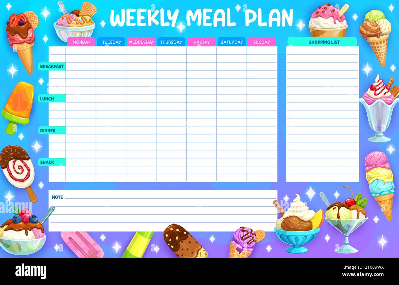 Weekly meal plan with cartoon gelato ice cream, vanilla cone, sundae ...