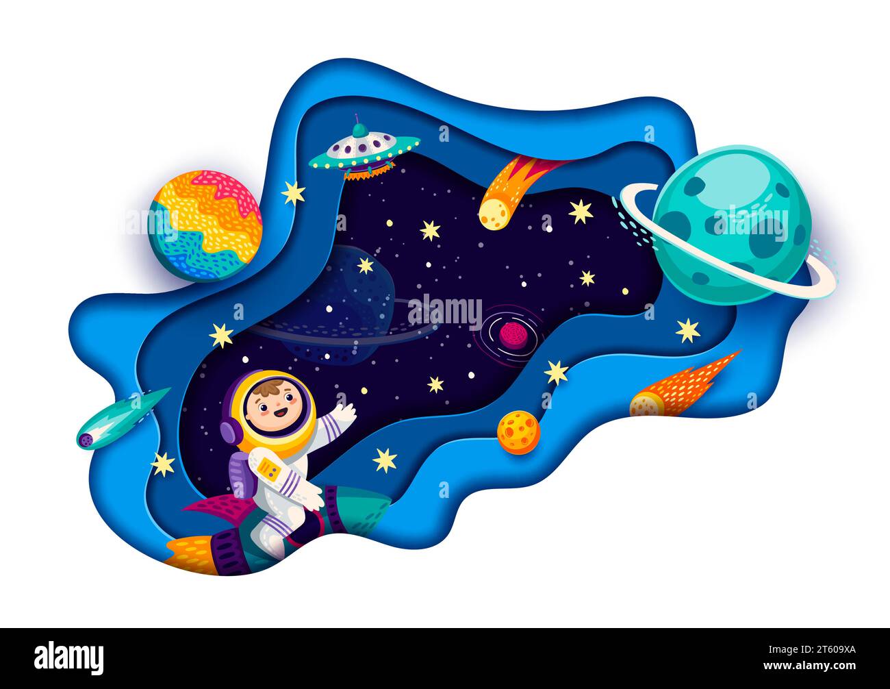 Cartoon paper cut space landscape with astronaut, galaxy planets and ...