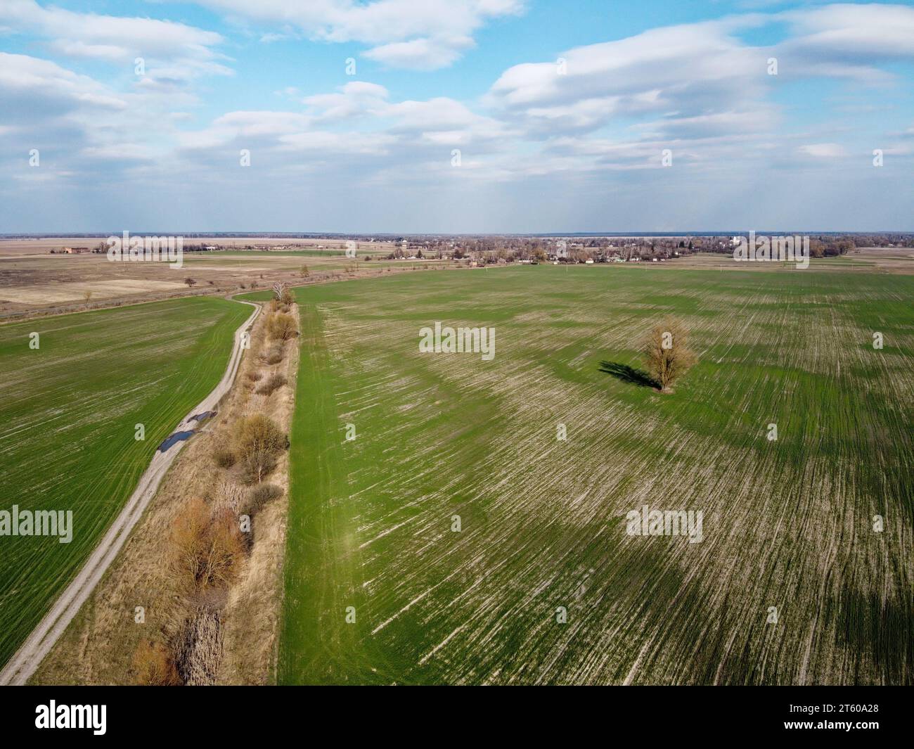 Dry reclamation canal in the field, aerial view. Agricultural landscape ...