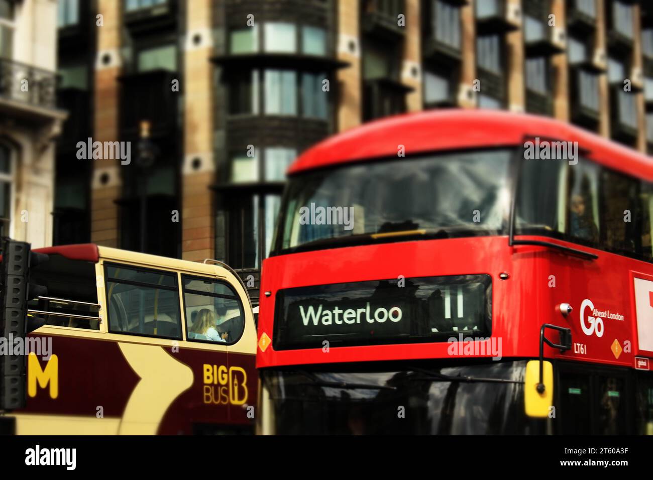 Red London double decker bus with Waterloo 11 written at the front ...
