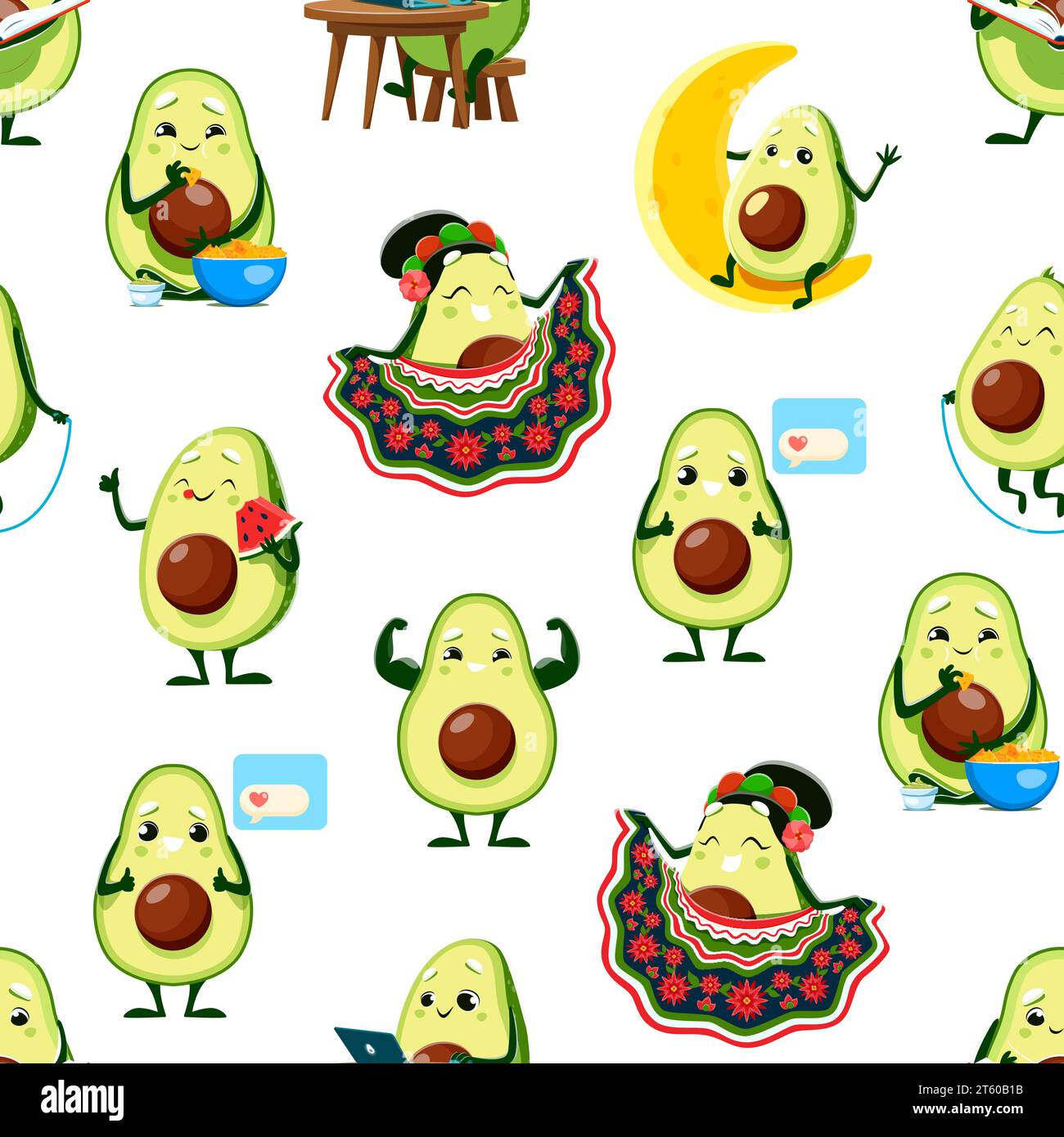 Cartoon avocado characters seamless pattern, vector background. Funny ...