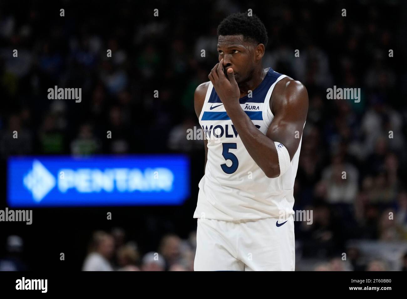Minnesota Timberwolves guard Anthony Edwards (5) stands on the court ...