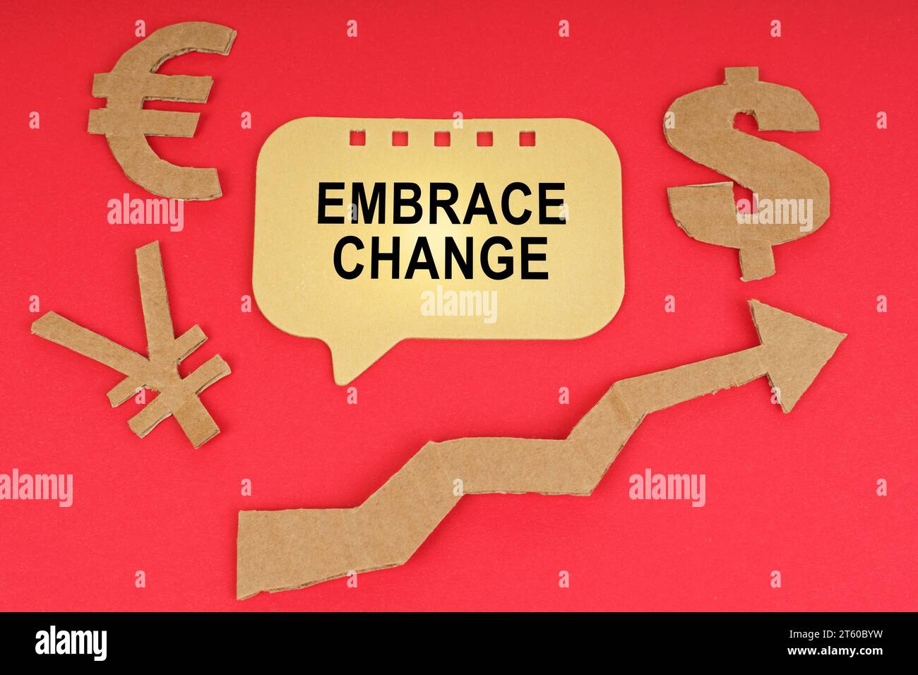 Business concept. On the red surface there are money symbols, an arrow ...