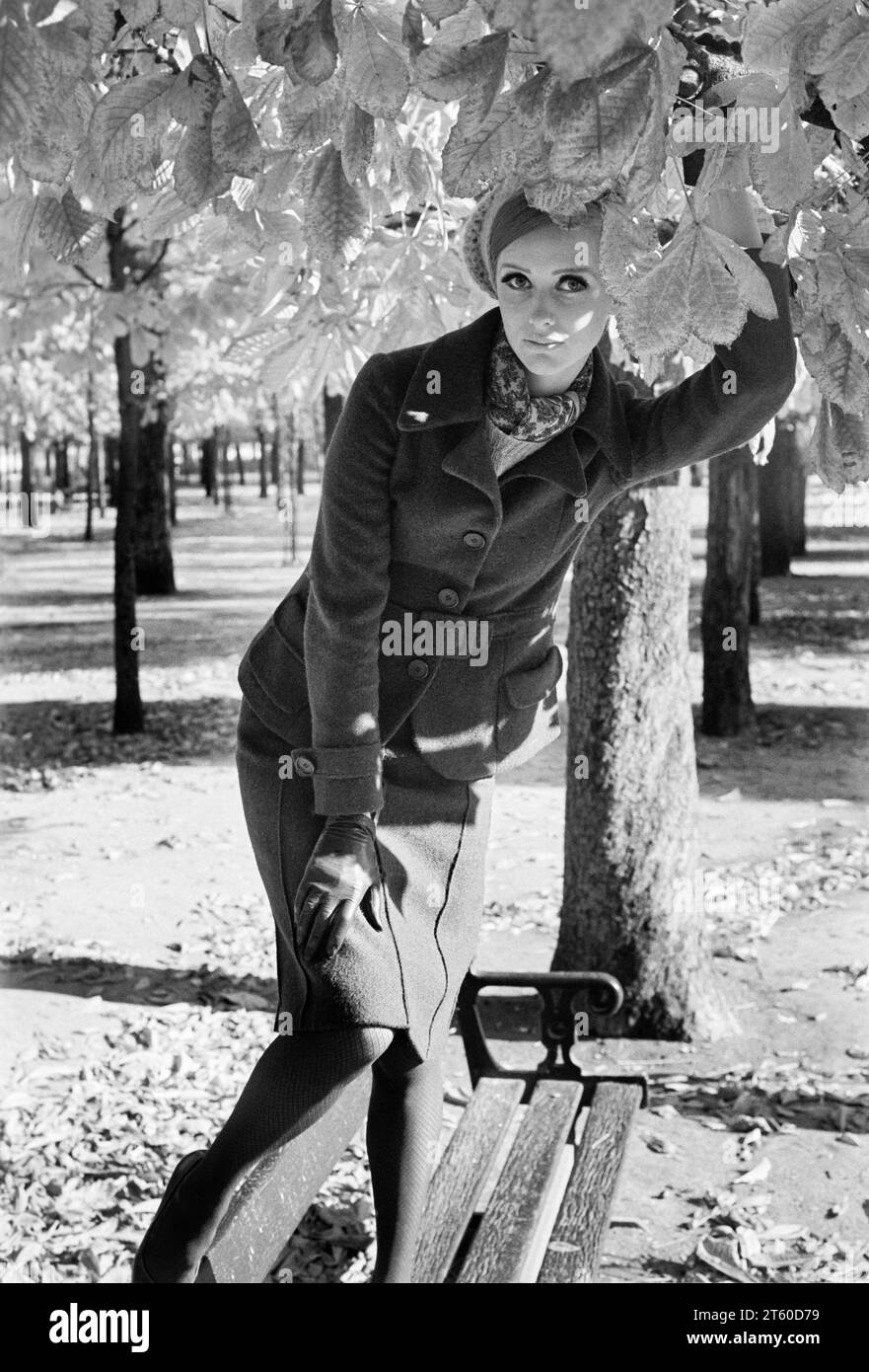 1960s, woman fashion model standing on bench, tree autumnal leaves ...