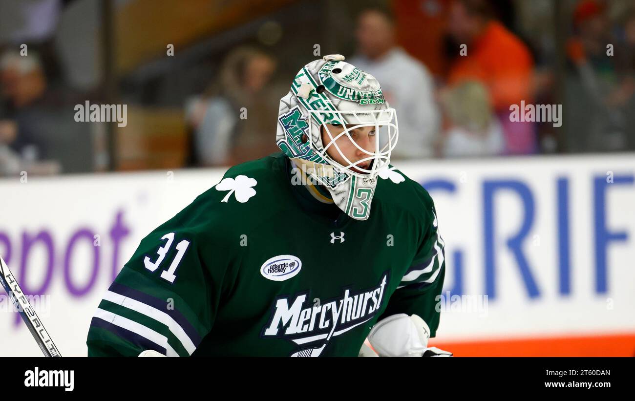 Mercyhurst goaltender Owen Say (31) tends goal against the Bowling ...