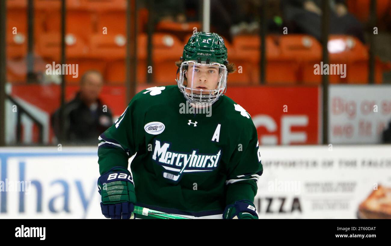 Mercyhurst forward Mickey Burns (21) skates against the Bowling Green ...