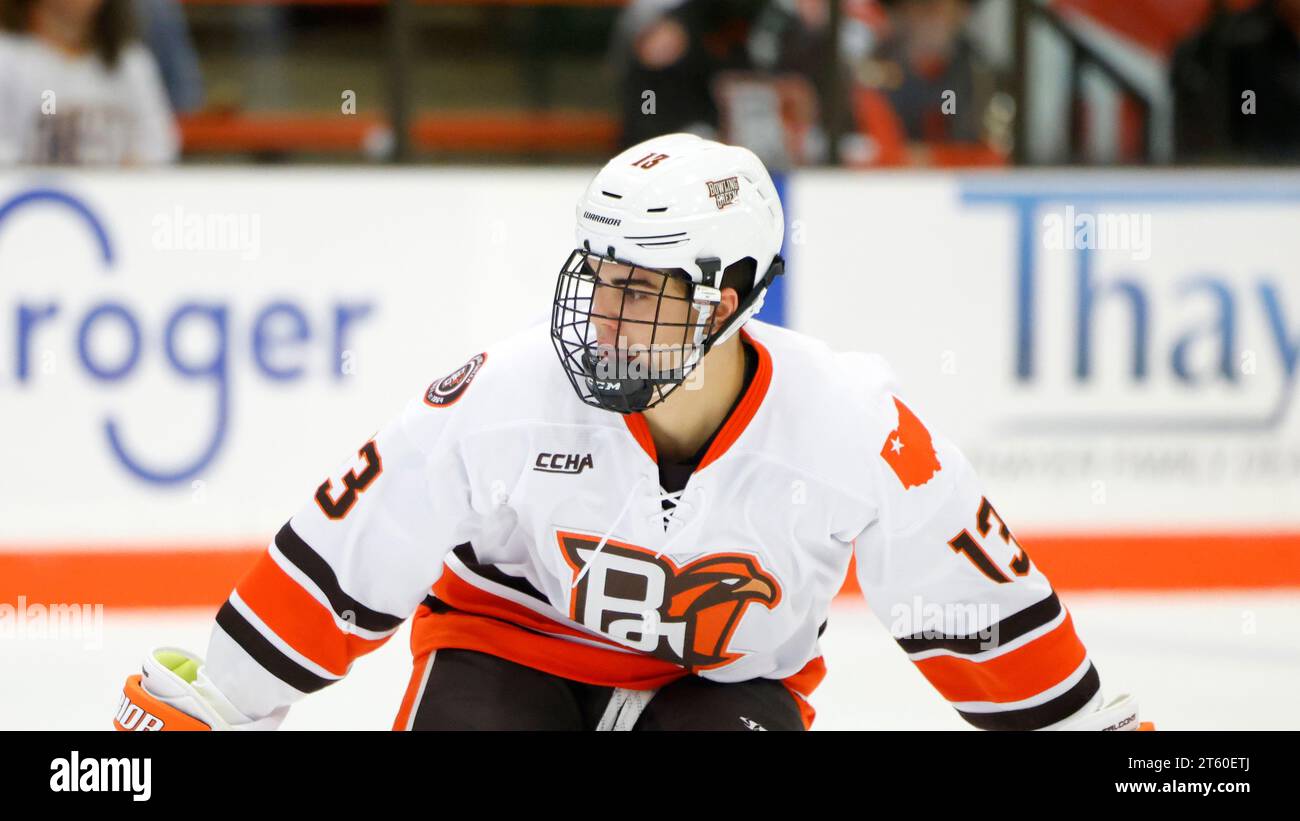 Bowling Green forward Brett Pfoh (13) skates against the Mercyhurst ...