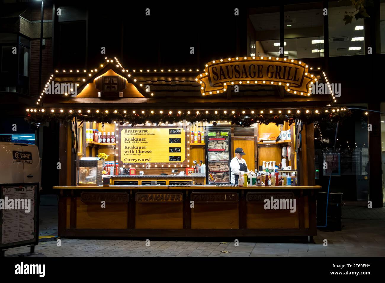 Sausage Grill convenience food cabin at night, Cornhill Quarter ...