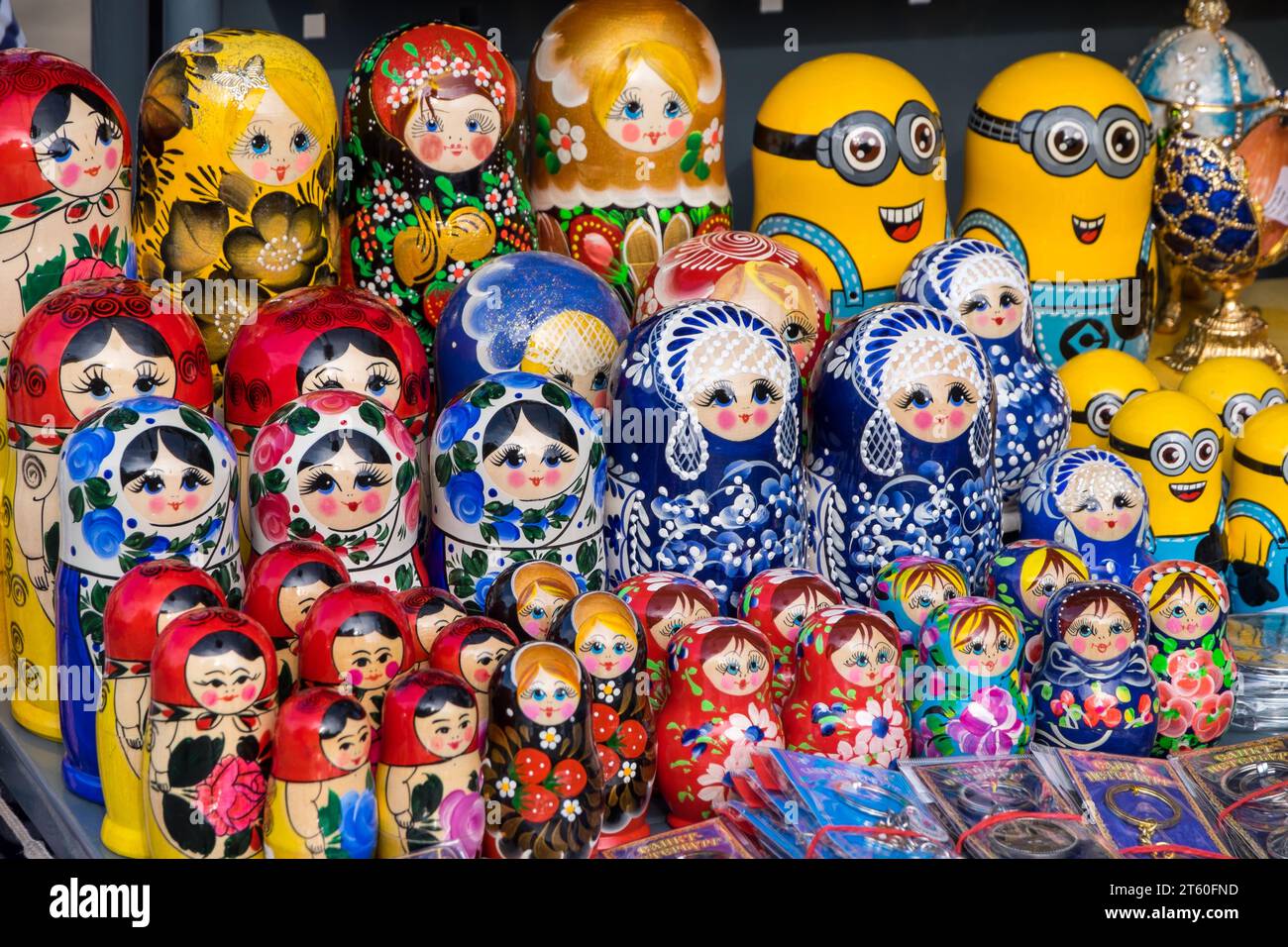 Typical matryoshkas and modern dolls on a street stall in the city of ...