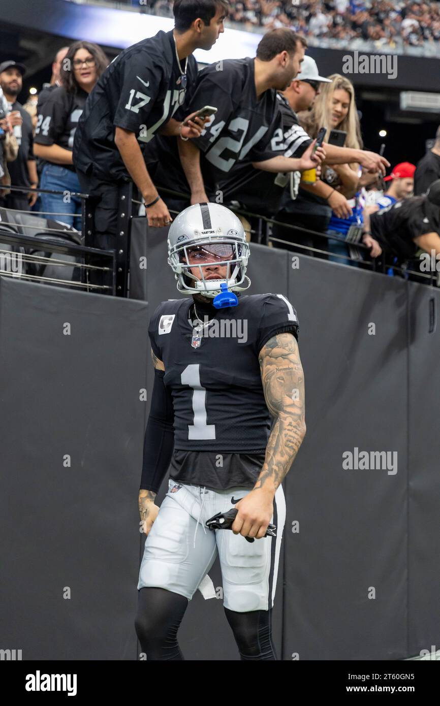Las Vegas Raiders safety Marcus Epps (1) enters the field before playing against the New York ...