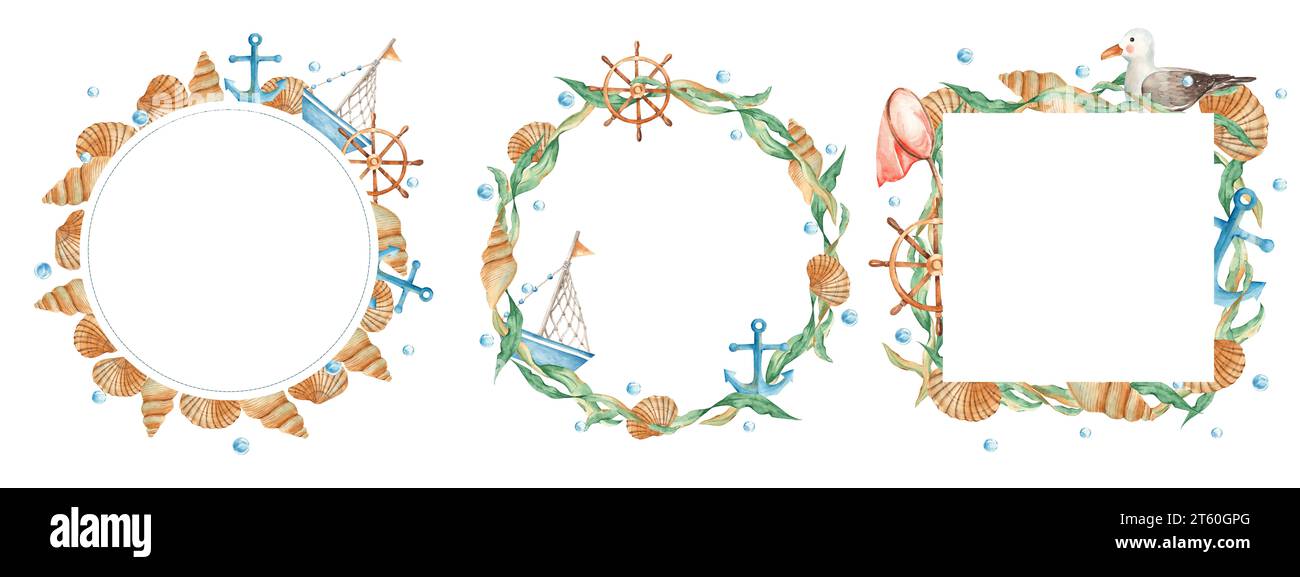 Set of sea circle and square frames. Wreaths with cute watercolor ship ...