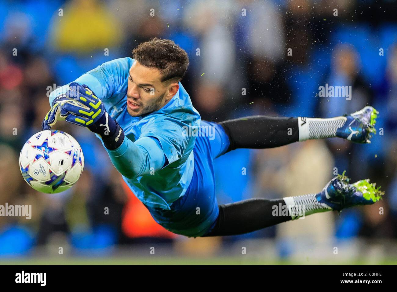Manchester, UK. 07th Nov, 2023. Ederson #31 of Manchester City dives ...