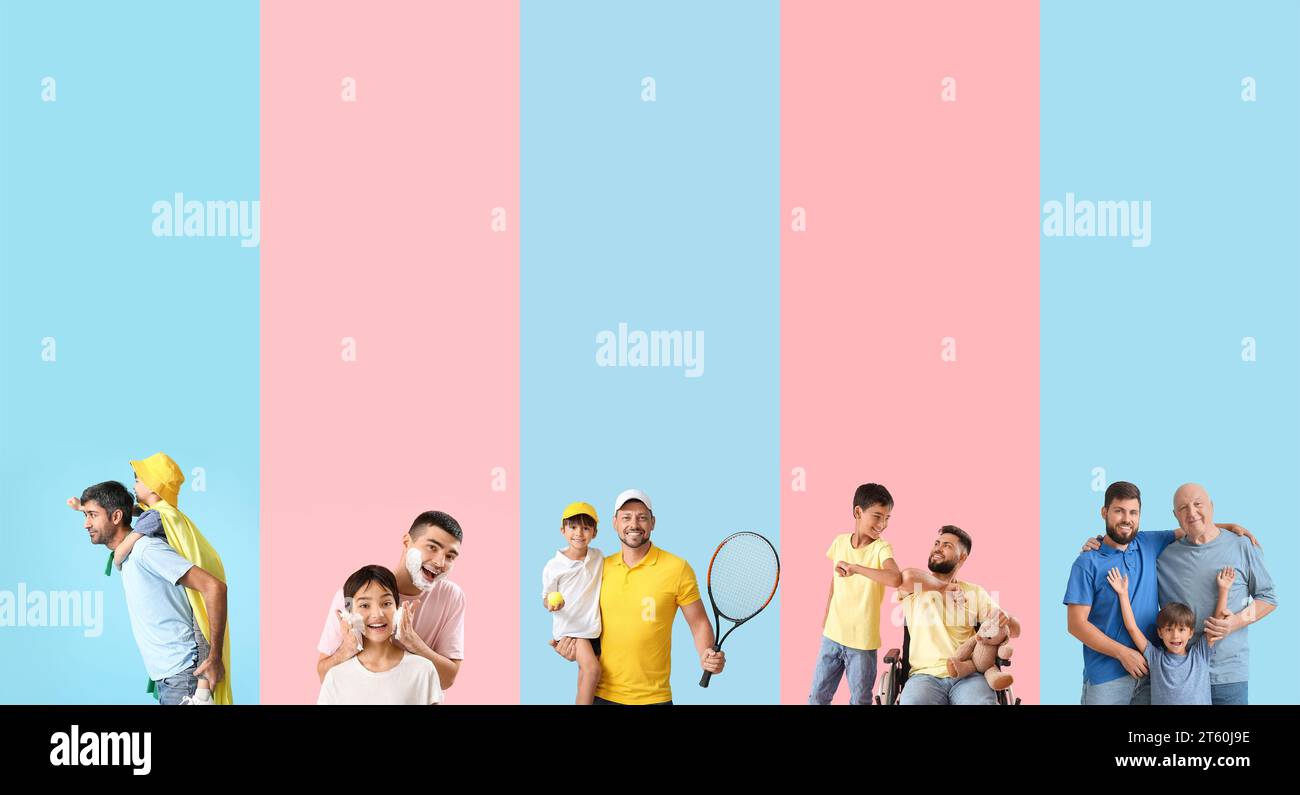 Collage of fathers with their sons on blue and pink backgrounds Stock ...