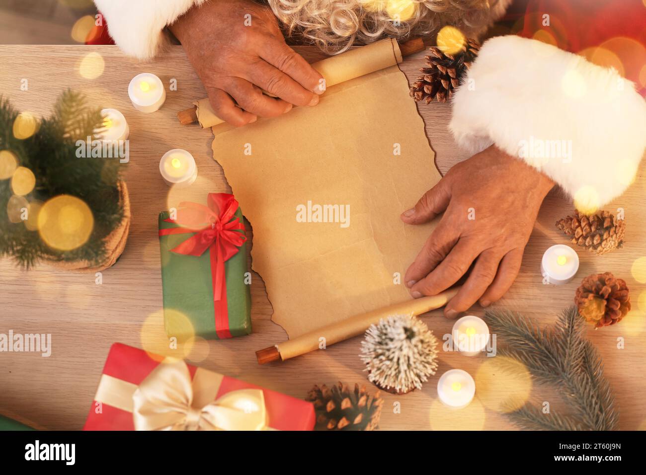 Santa Claus with empty letter at table, top view Stock Photo - Alamy