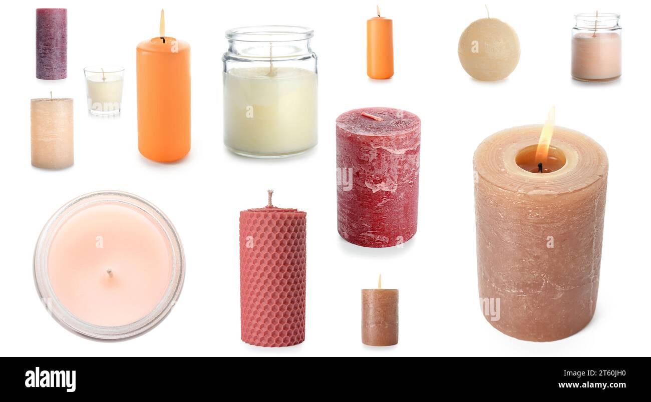 Set of different candles on white background Stock Photo - Alamy