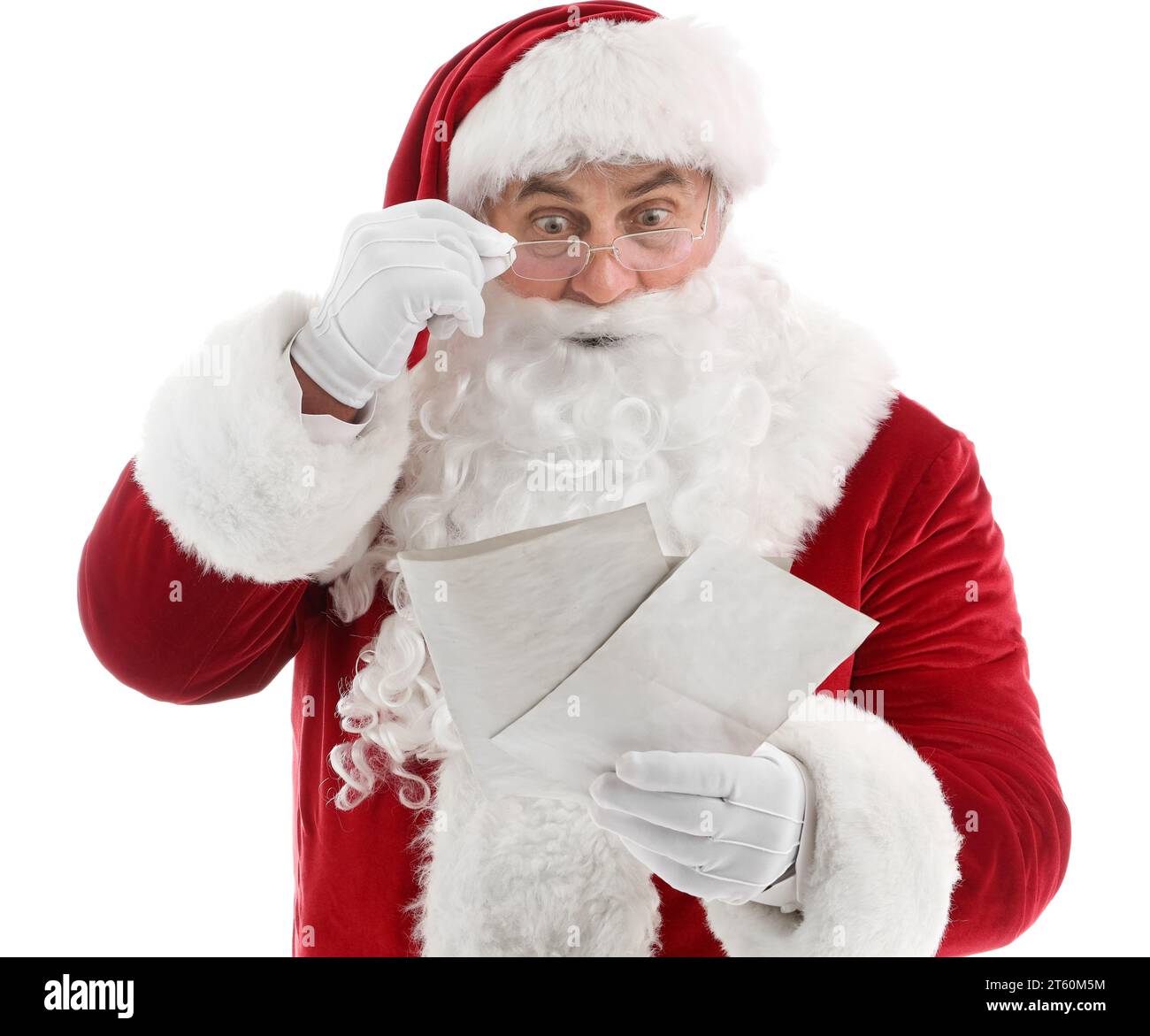 Shocked Santa Claus with letters on white background Stock Photo - Alamy