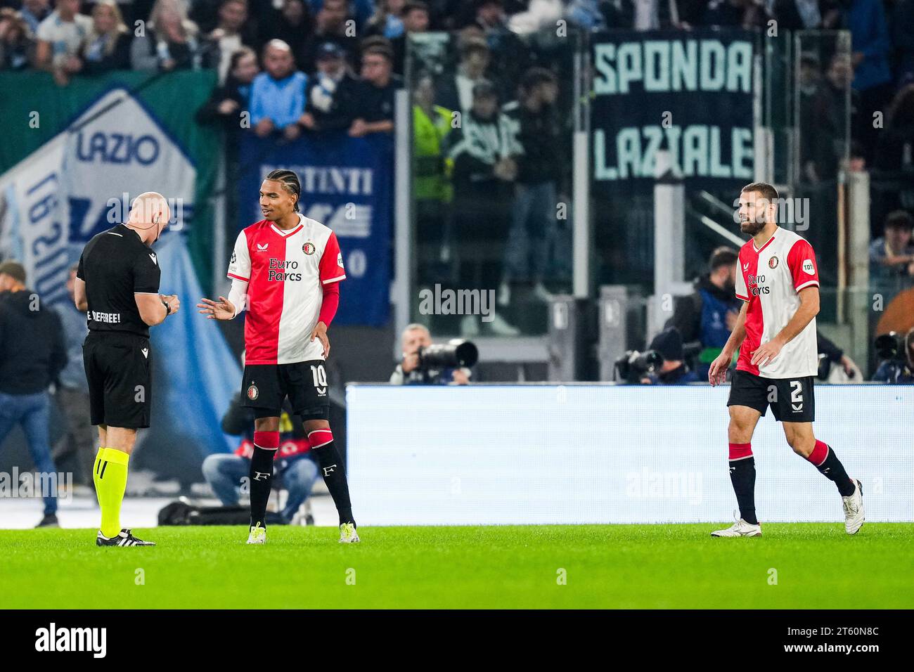 Rome, Italy. 07th Nov, 2023. Rome - Referee Szymon Marciniak, Calvin Stengs of Feyenoord, Bart ...