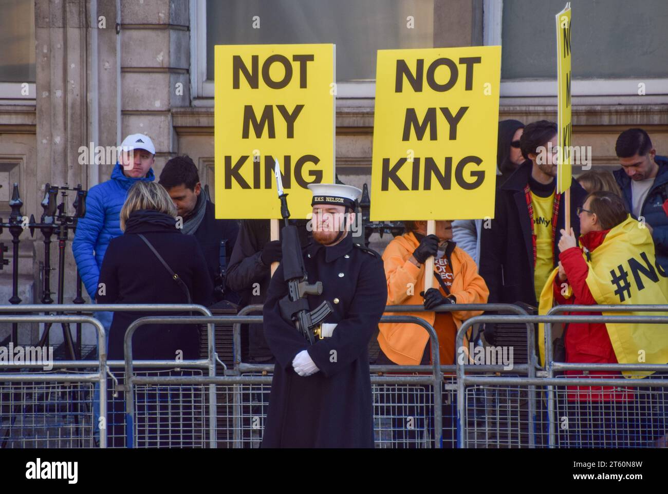 Protesters hold Not My King placards and banners during the ...