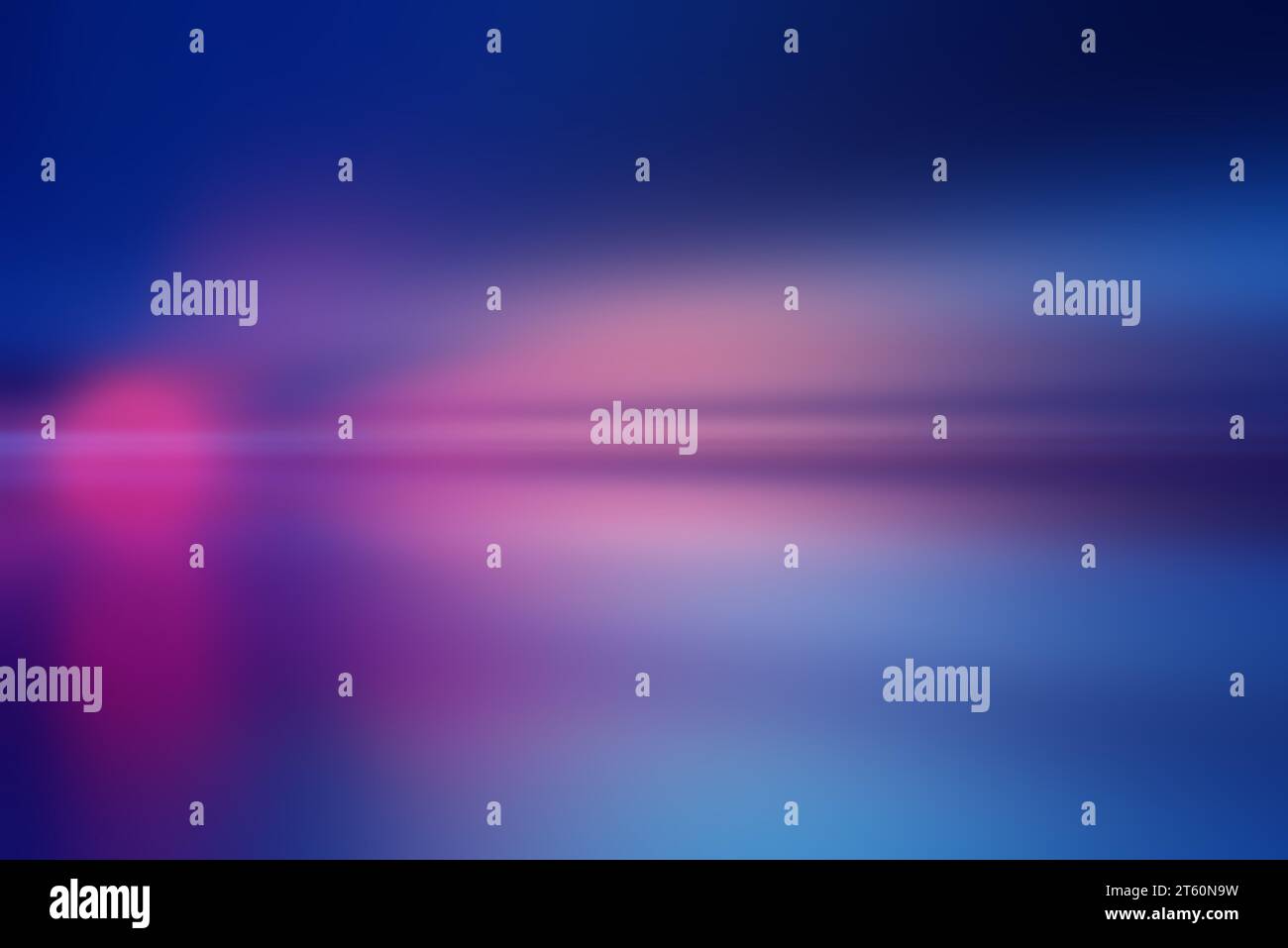 Abstract peaceful horizon over water at night. Defocused neon glow ...