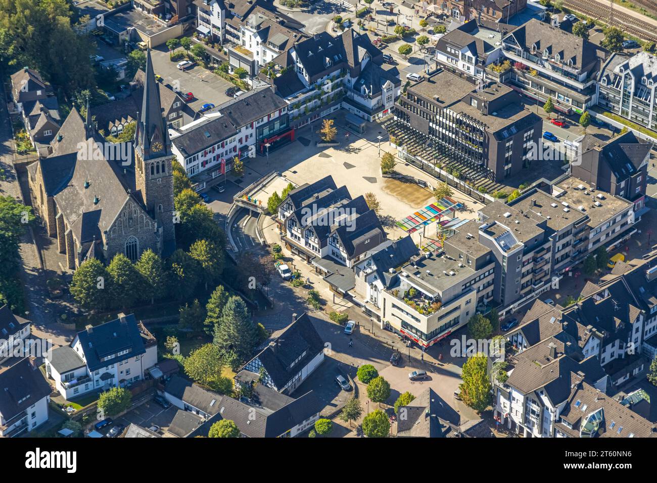 Aerial view, market square and St. Agatha church, Altenhundem ...