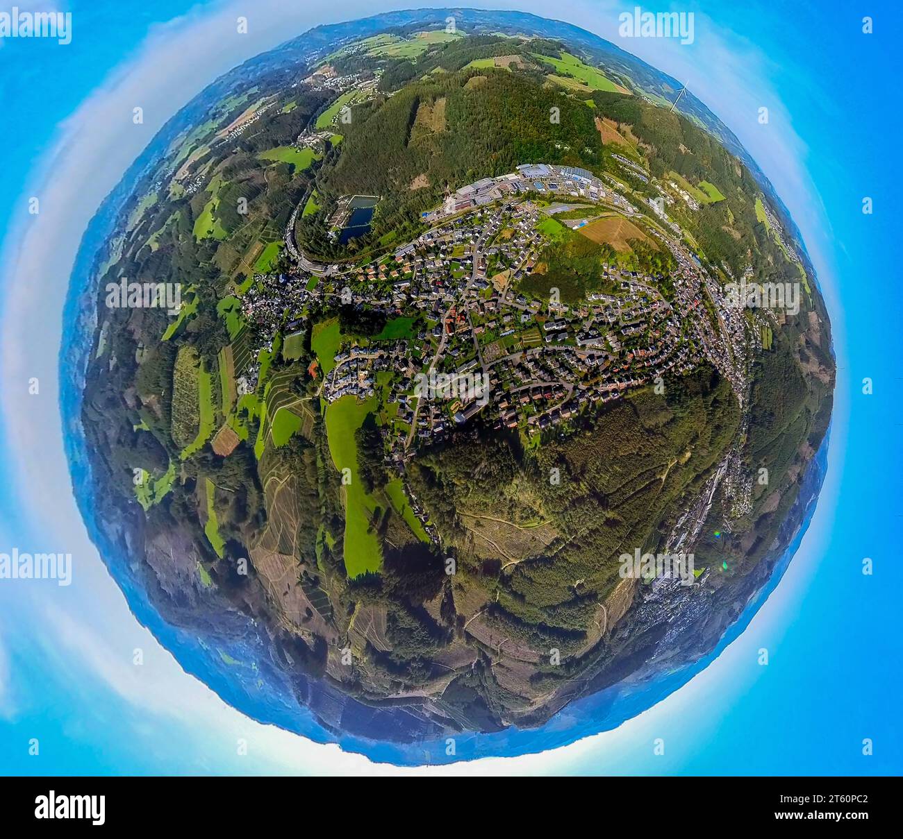 Aerial view, view of Meggen, earth globe, fisheye image, 360 degree ...