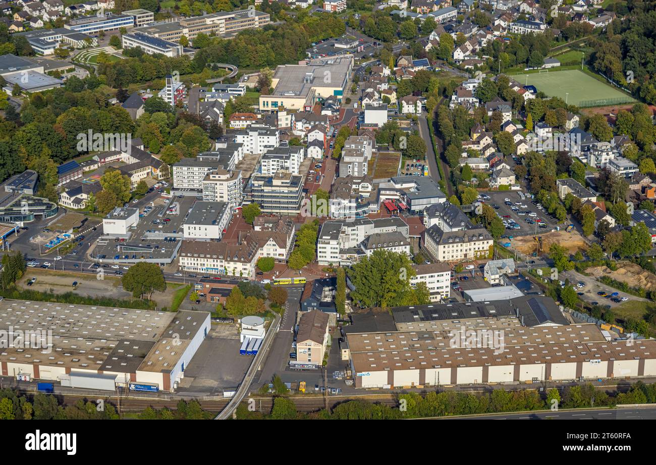 Aerial view, town hall city administration, shopping center Marburger ...