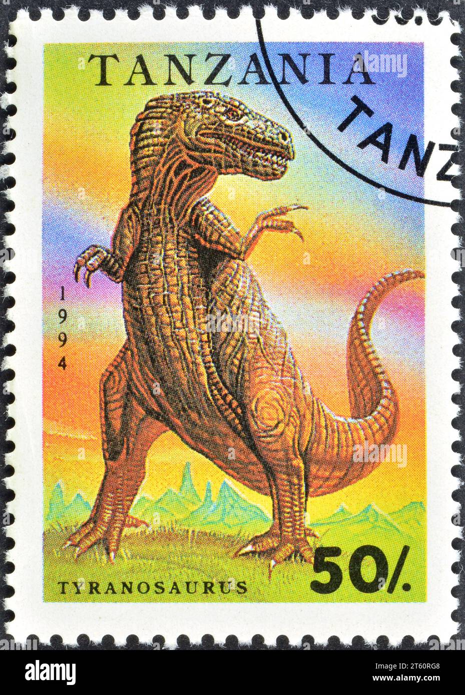 Cancelled postage stamp printed by Tanzania, that shows Tyrannosaurus ...
