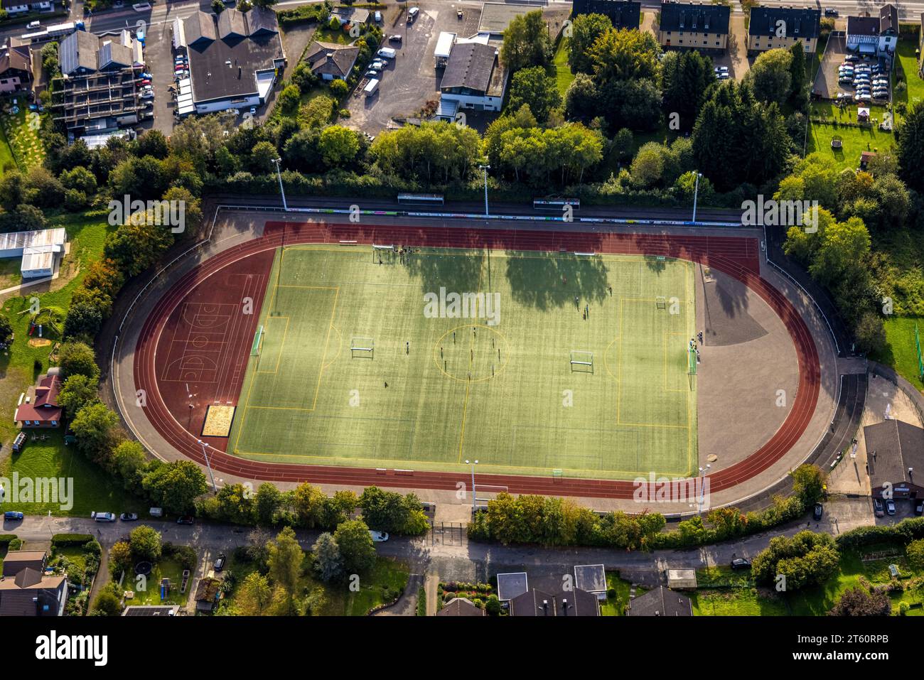 Aerial view, sports field Eichen soccer stadium and athletics stadium ...