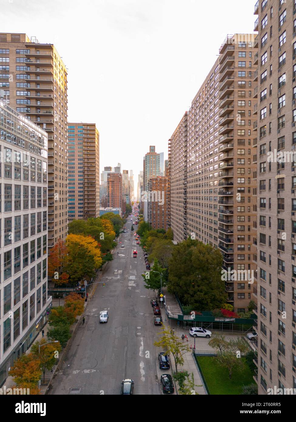 Aerial photo W 70th Street New York. View of street and apartment ...