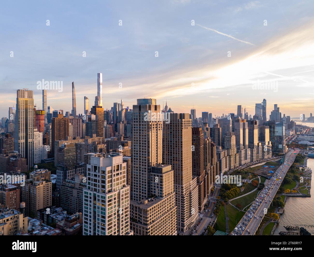 Highrise towers of NYC. View of buildings and moody sky sunset Stock ...