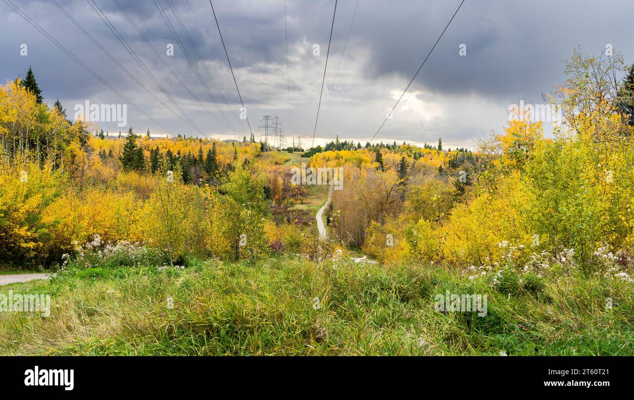 White Mud ravine landscape in fall season with power line corridor ...