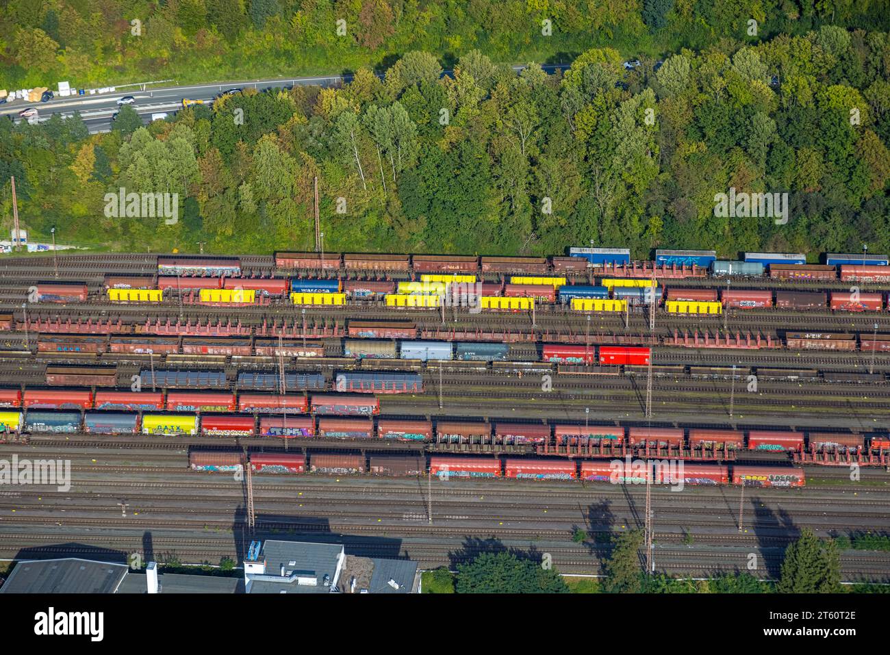 Aerial view, Buschhütten freight yard and freight trains, Buschhütten, Kreuztal, Siegerland ...