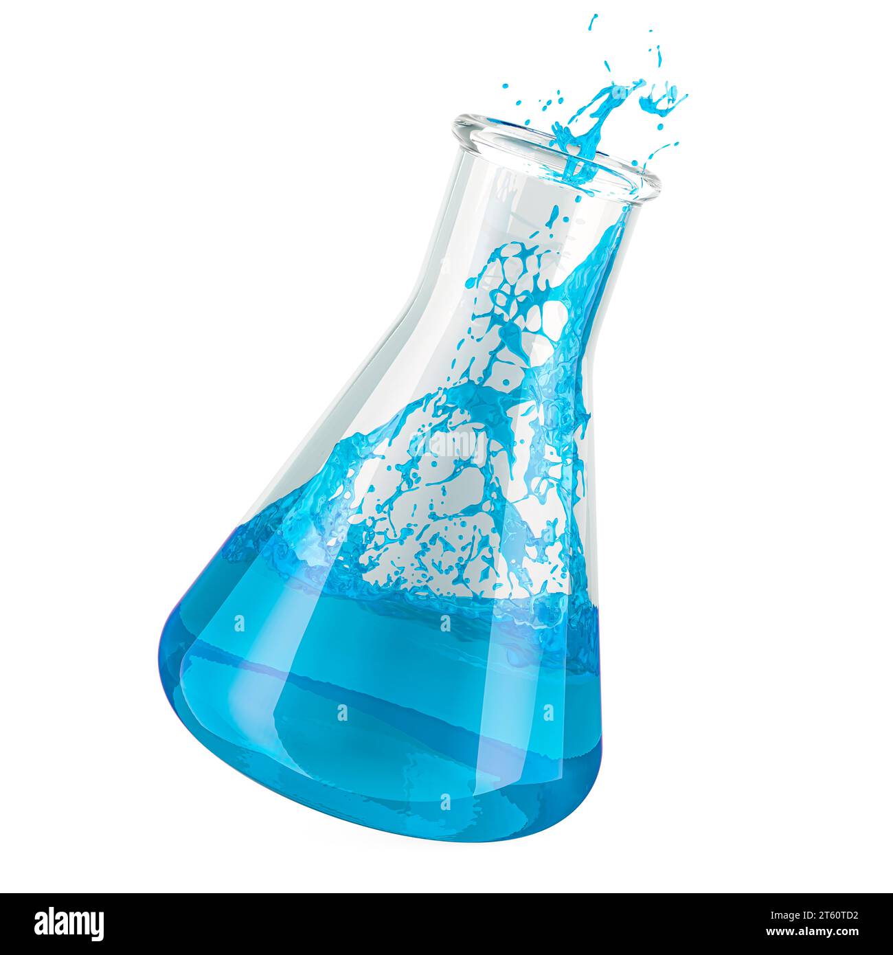 Chemical Flask with blue liquid and splash, 3D rendering isolated on ...