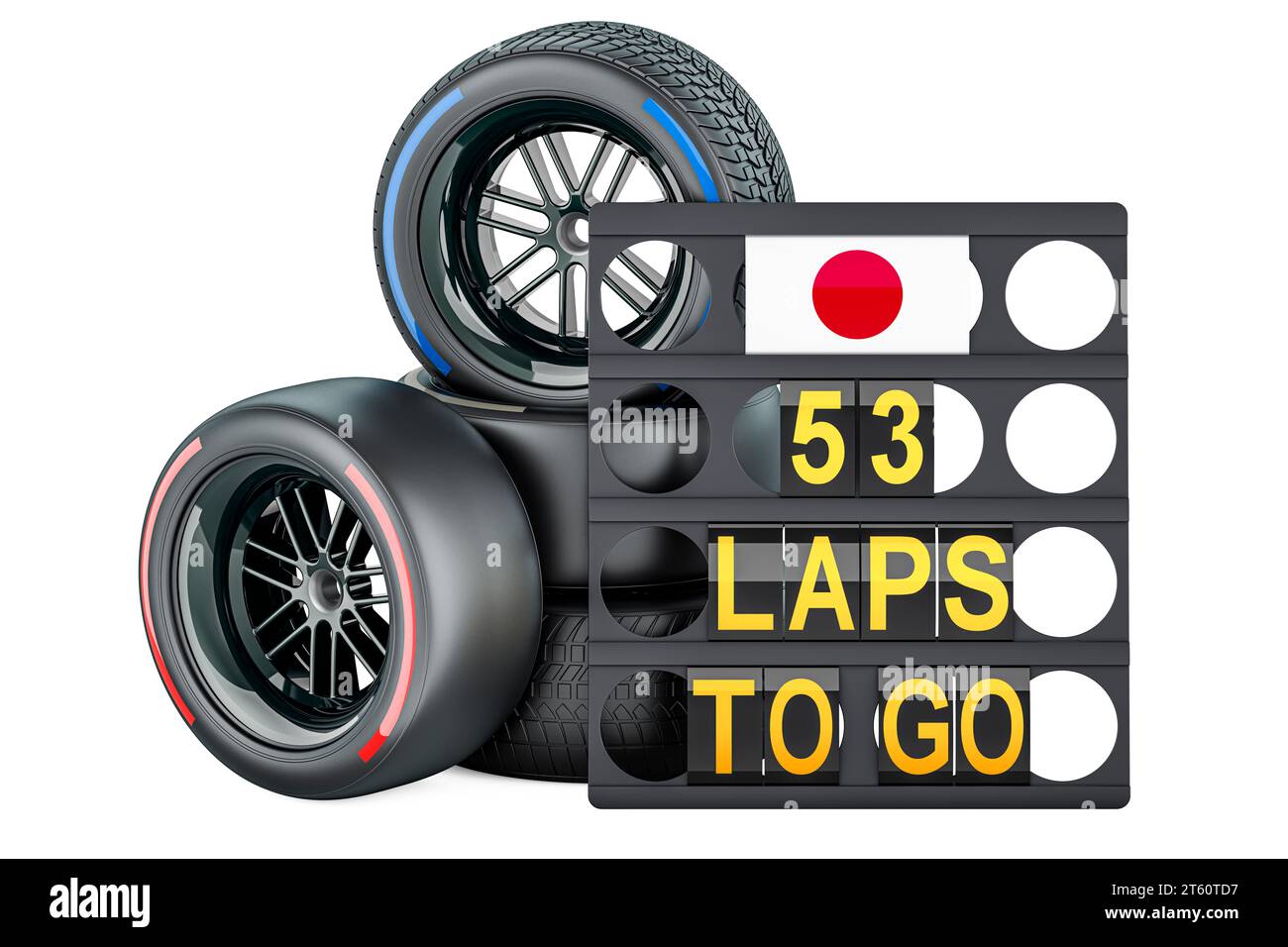 Japanese racing, pit board with flag of Japan and racing wheels with ...