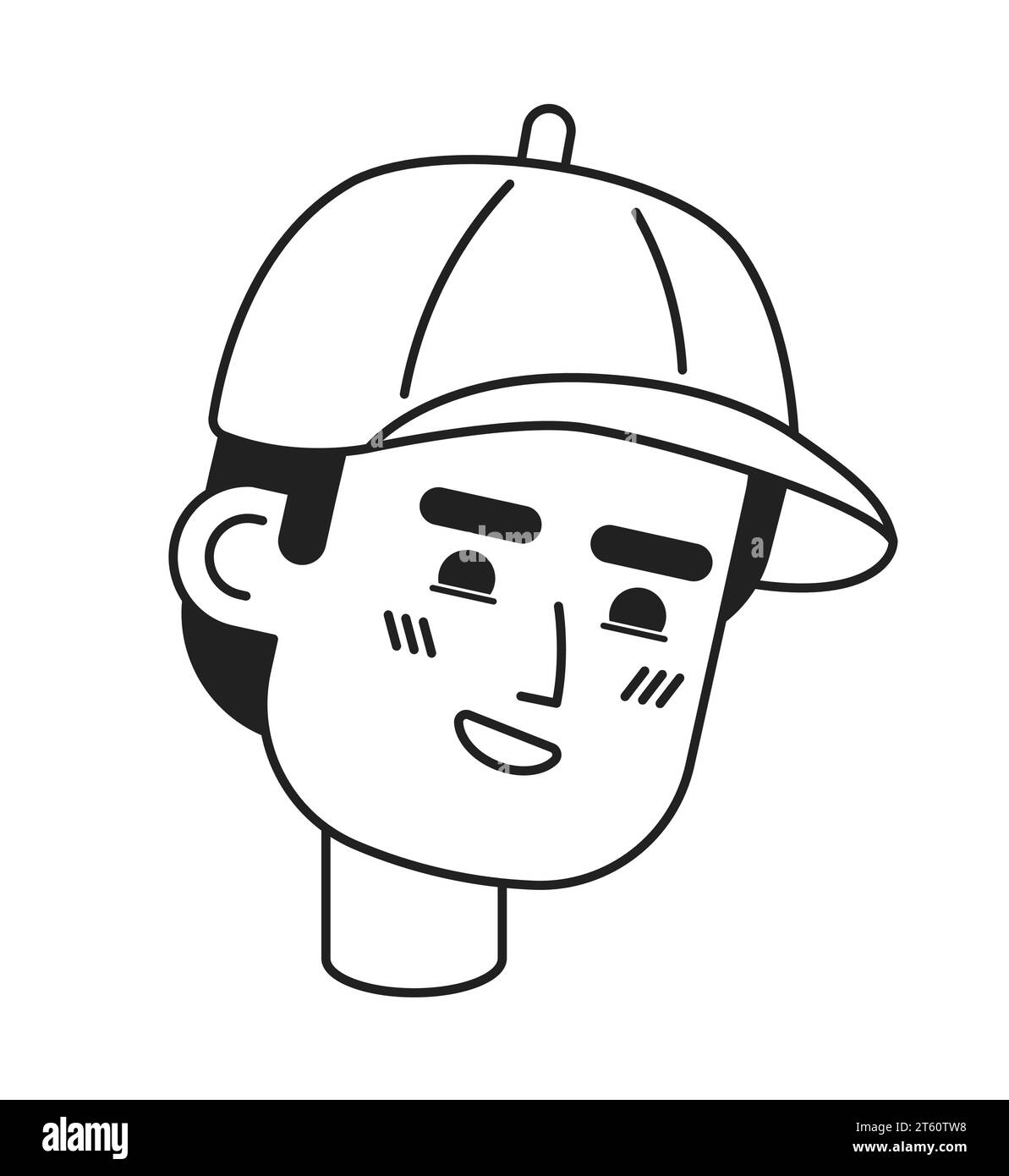 Baseball cap man toothy smile black and white 2D vector avatar ...