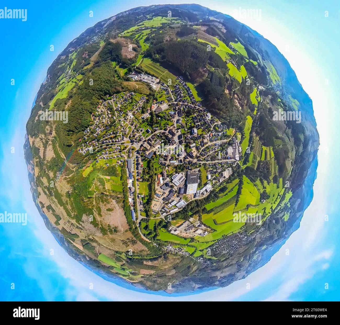 Aerial view, view of Würdinghausen, earth globe, fisheye image, 360 ...