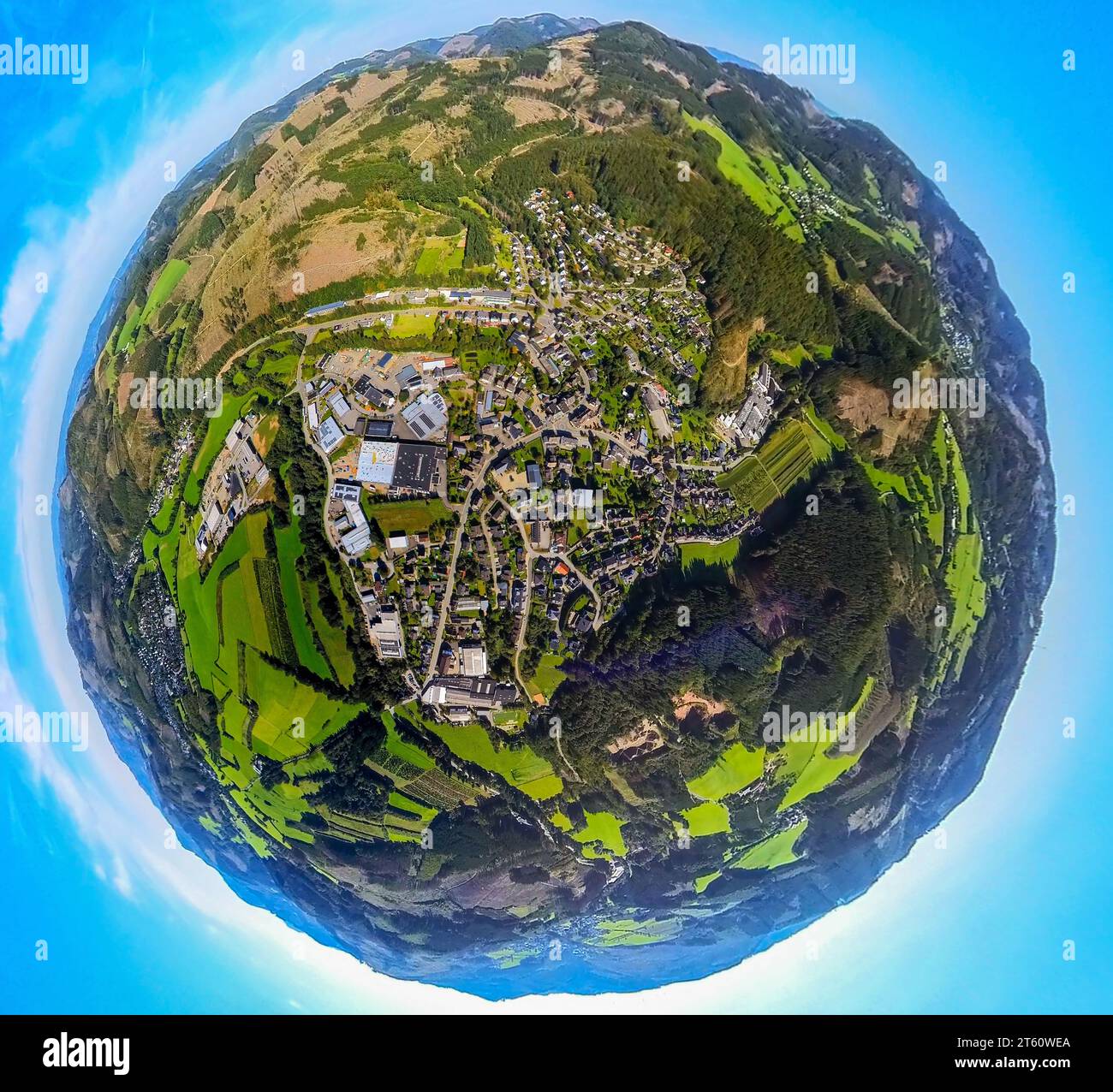 Aerial view, view of Würdinghausen, earth globe, fisheye image, 360 ...