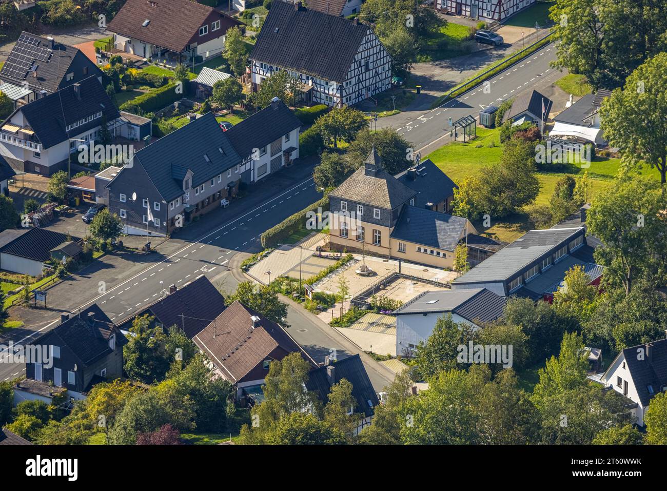 Aerial view, village community center and kindergarten, Vormwald ...
