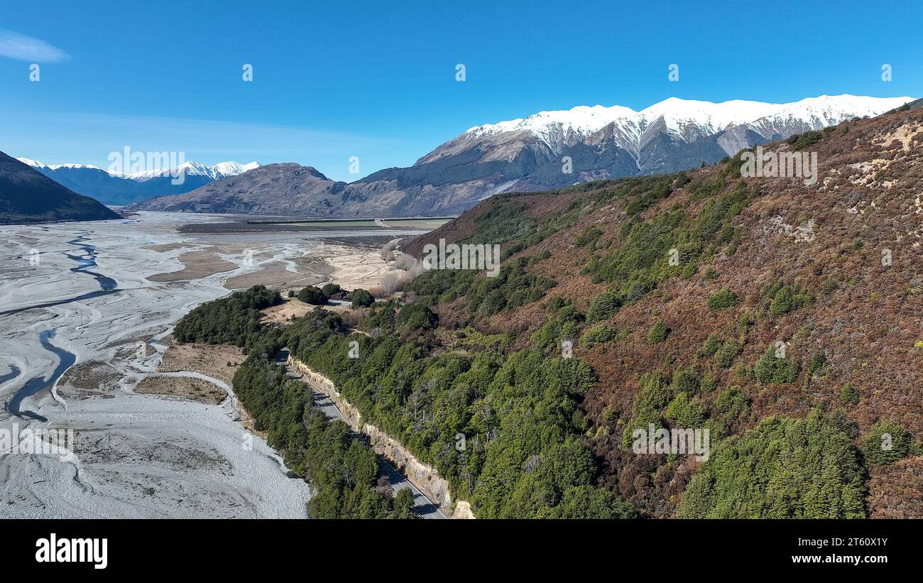 Aerial photography of the braided river with very little water flowing ...