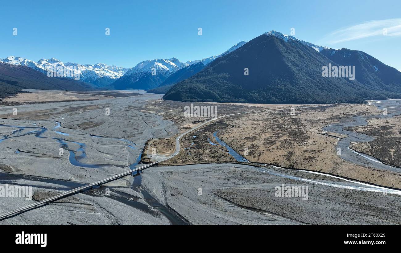 Aerial photography of the braided river with very little water flowing ...