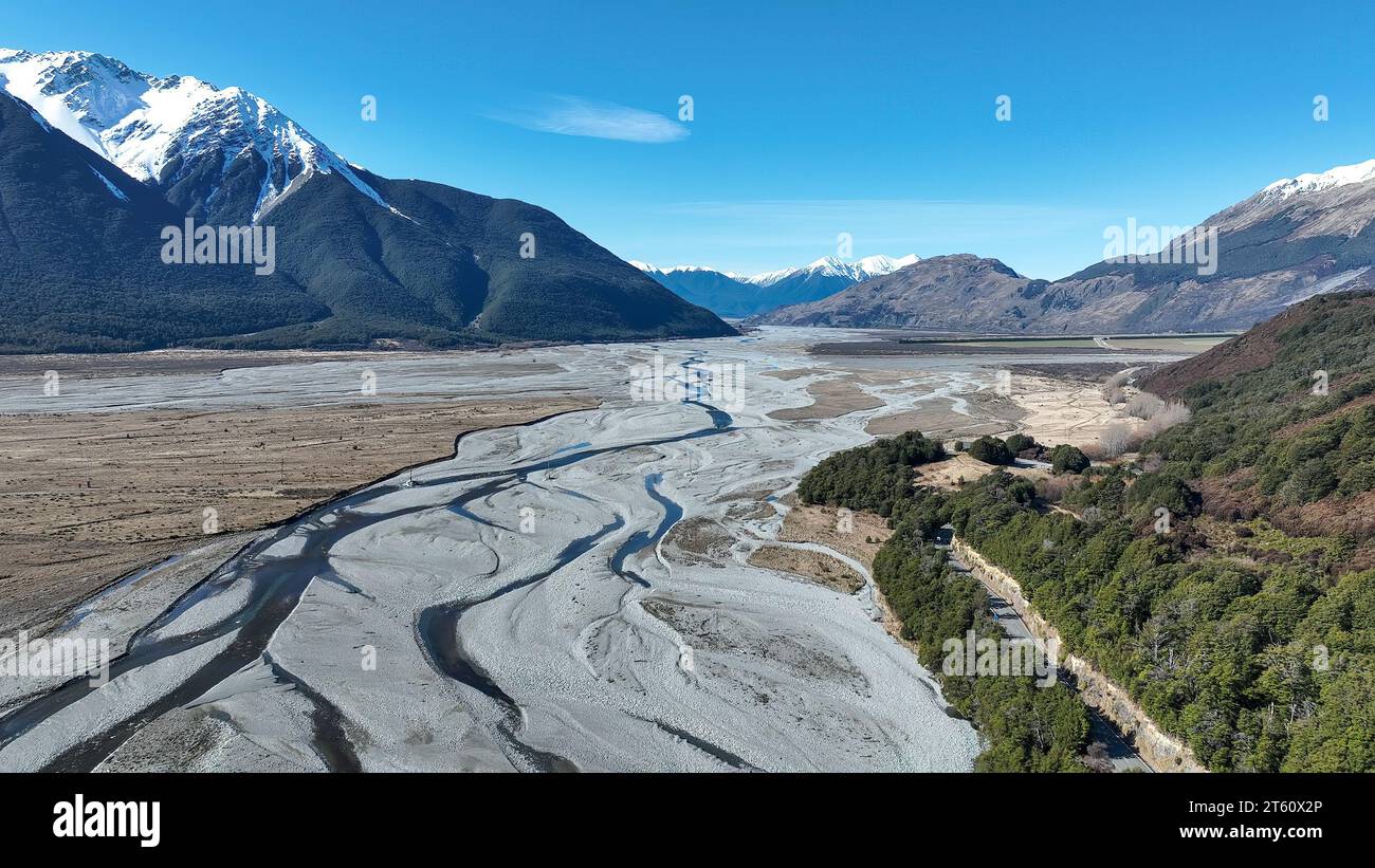 Aerial photography of the braided river with very little water flowing ...