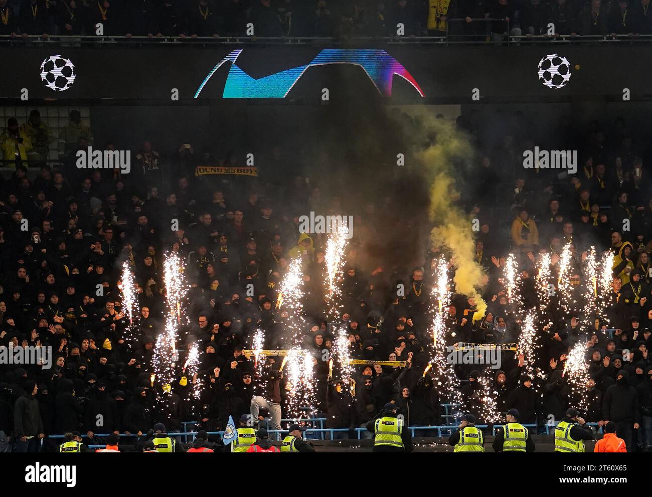 Young Boys fans in the stands set off fireworks during the UEFA ...