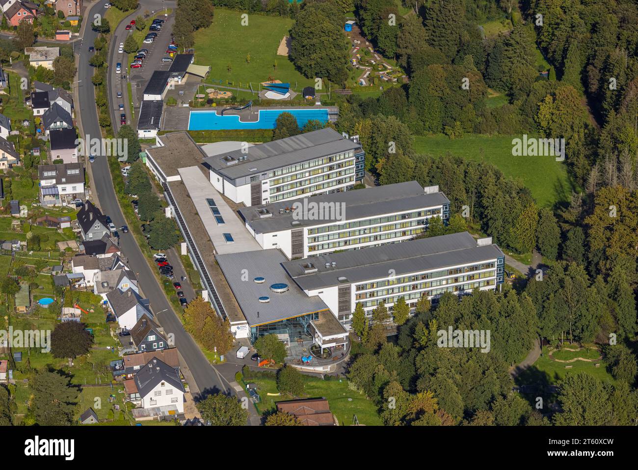 Aerial view, outdoor pool Hilchenbach next to the Celenus Clinic for ...