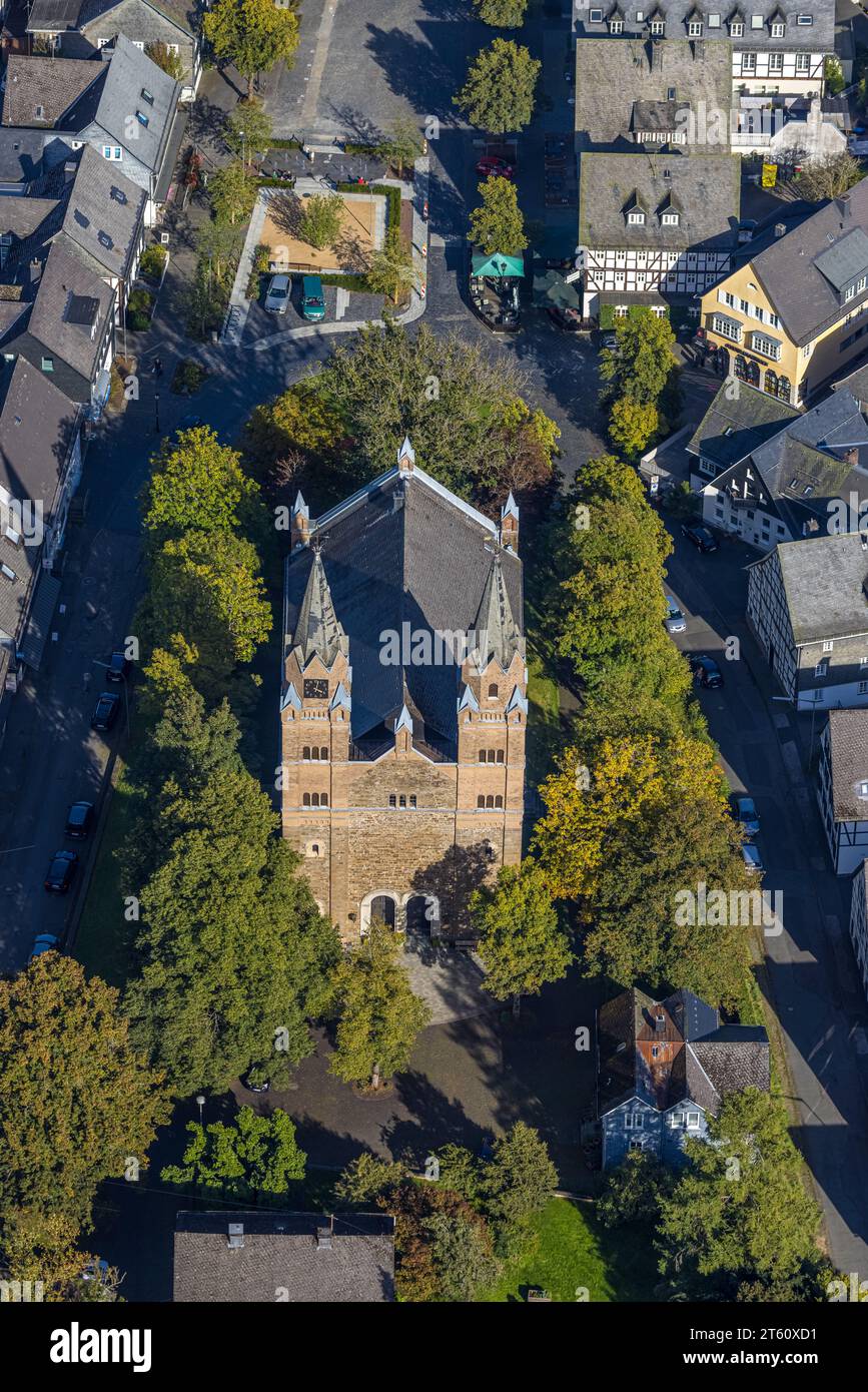 Aerial view, Protestant church surrounded by green trees, Hilchenbach ...