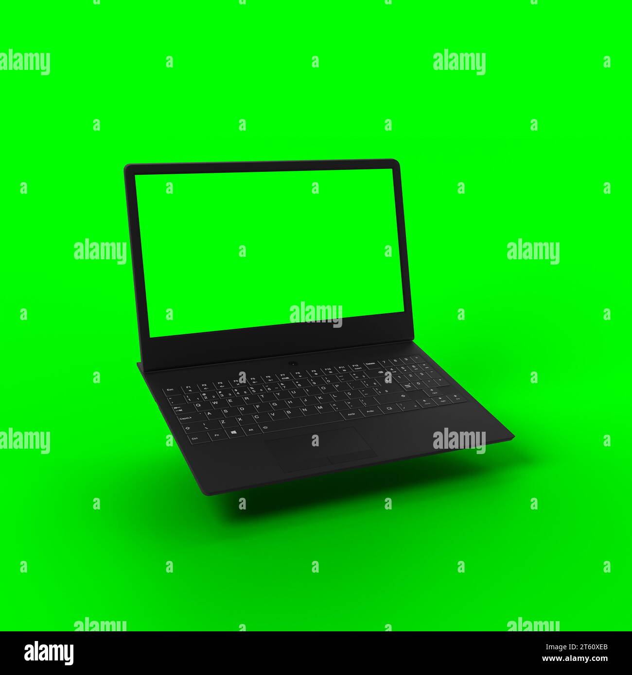 Modern laptop with green screen on display and backdrop for chroma ...