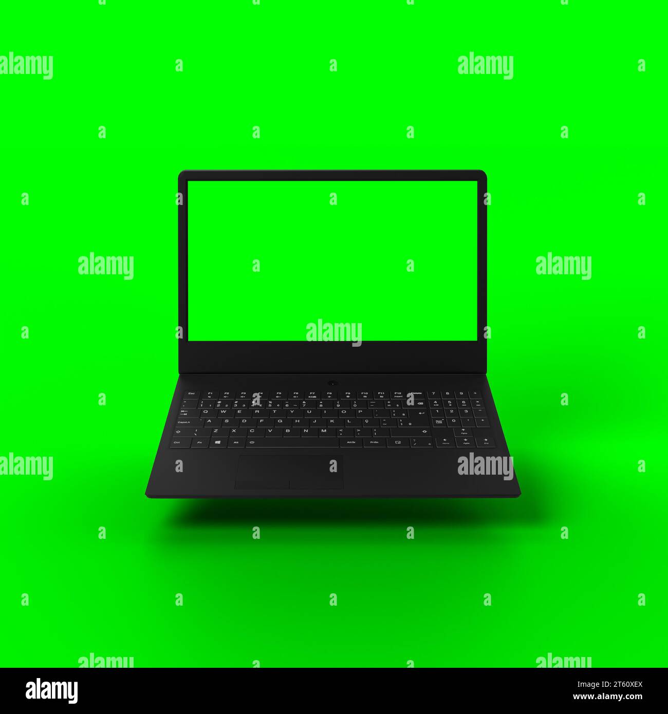 Modern laptop with green screen on display and backdrop for chroma ...